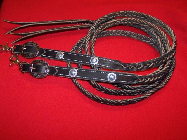 Leather Flat Braided Split Reins with Turquoise an Silver Concho’s